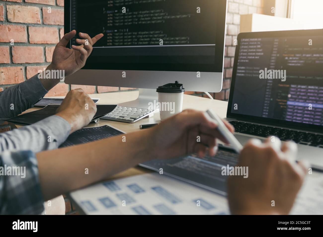 Two software developers are using computers to work together with their ...