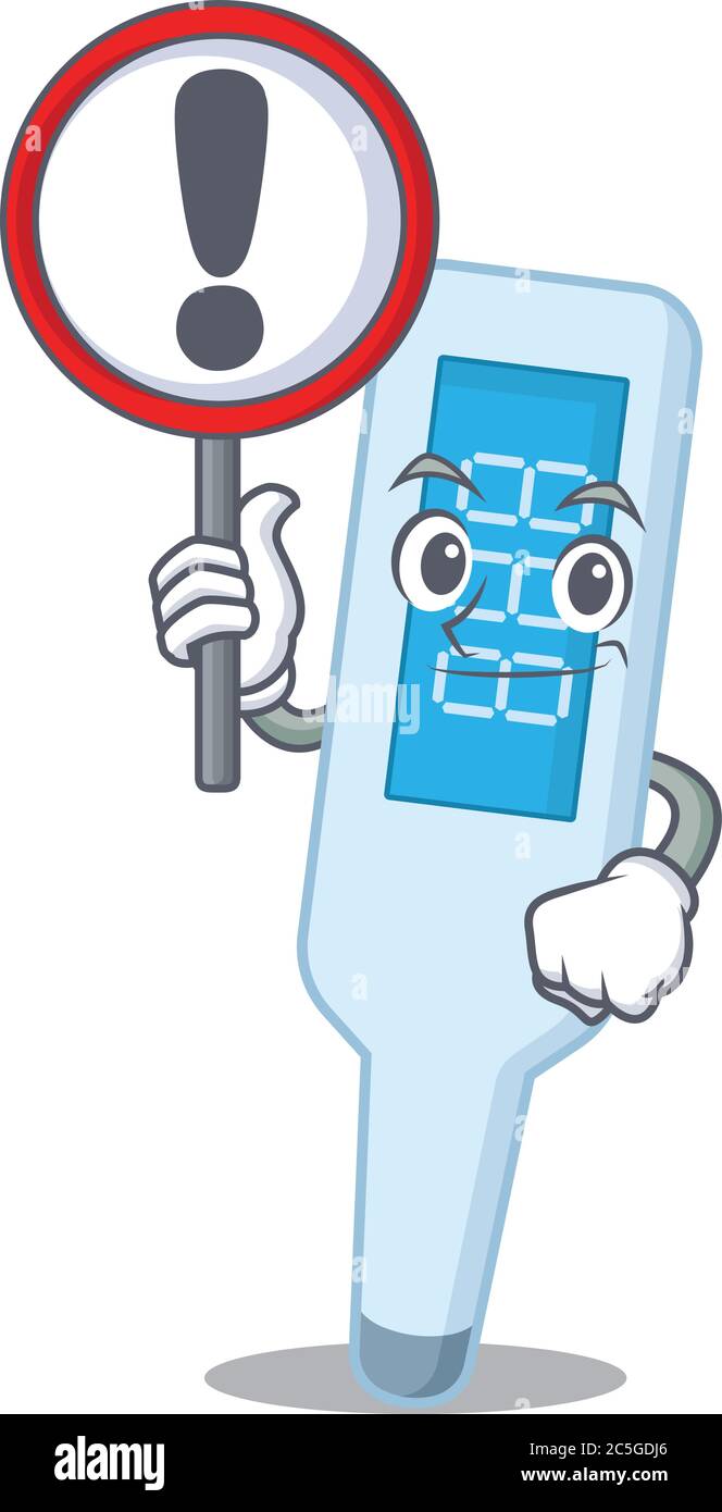 A cartoon icon of digital thermometer with a exclamation sign board ...
