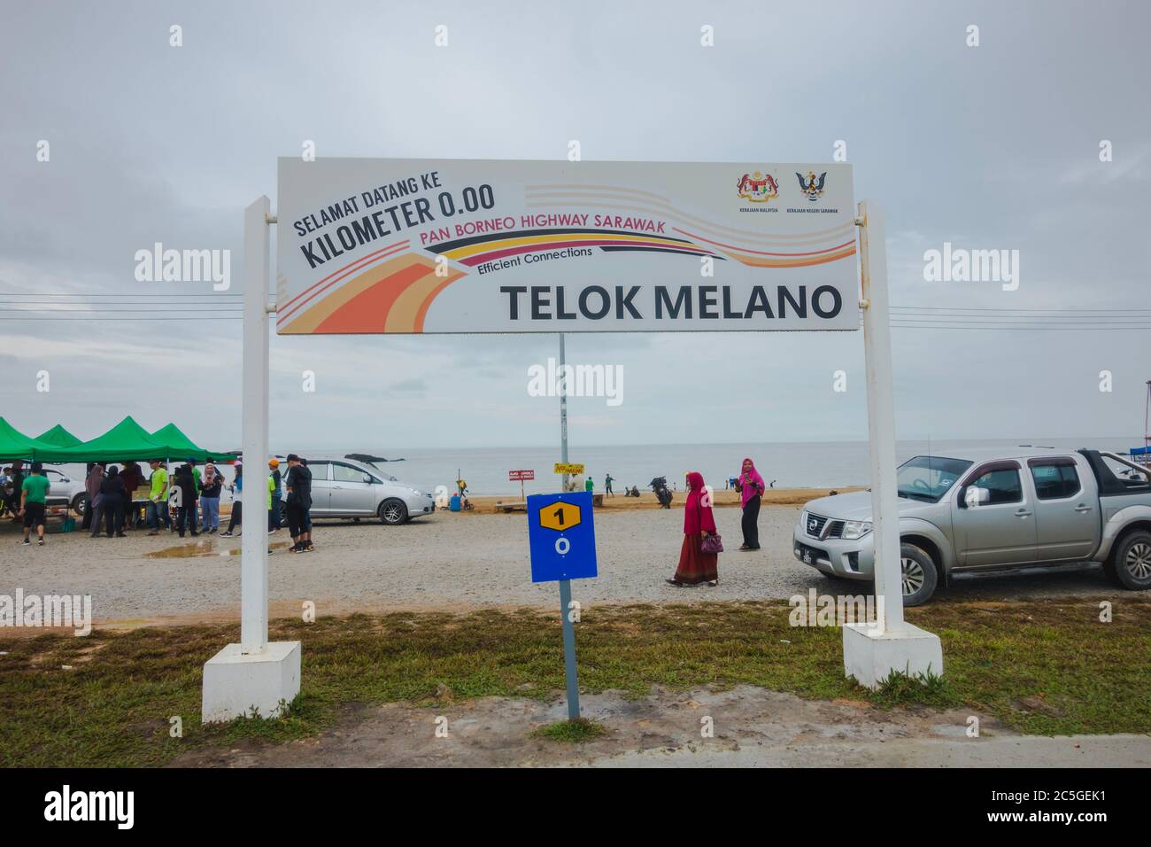 The signboard of Telok Melano, Sarawak that marks 0.00km of Pan Borneo ...