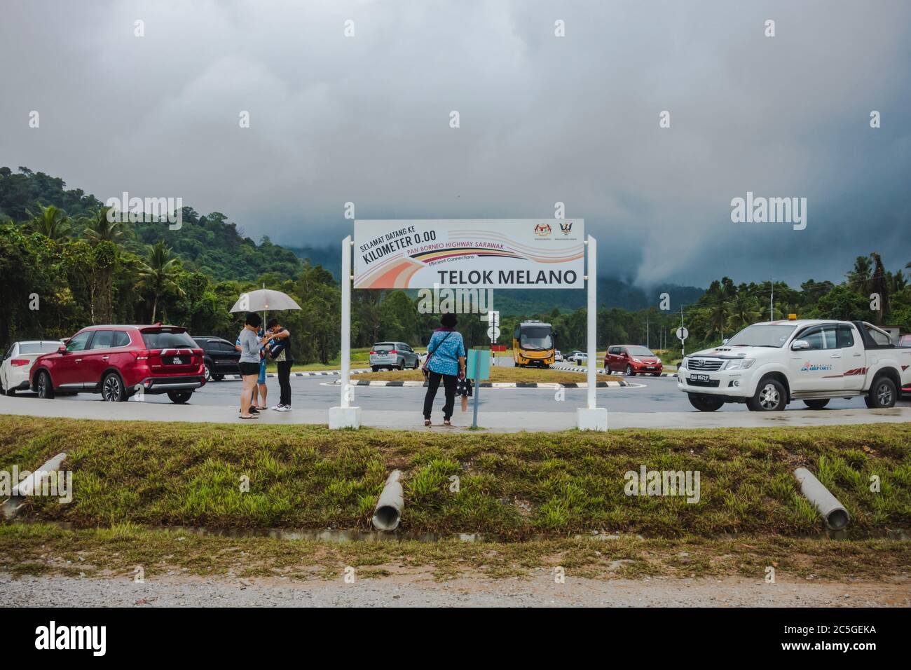 The signboard of Telok Melano, Sarawak that marks 0.00km of Pan Borneo ...