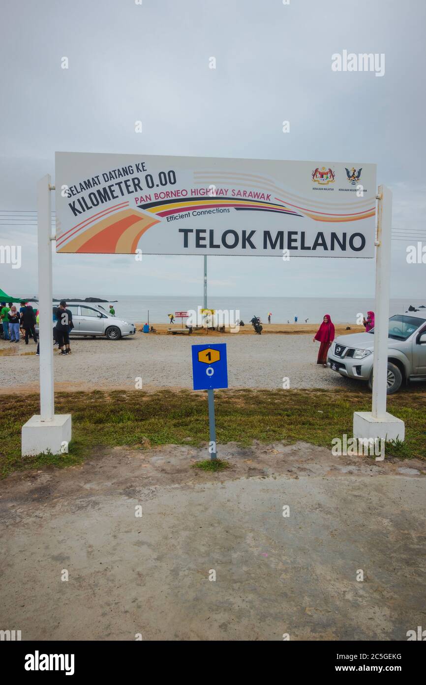 The signboard of Telok Melano, Sarawak that marks 0.00km of Pan Borneo ...