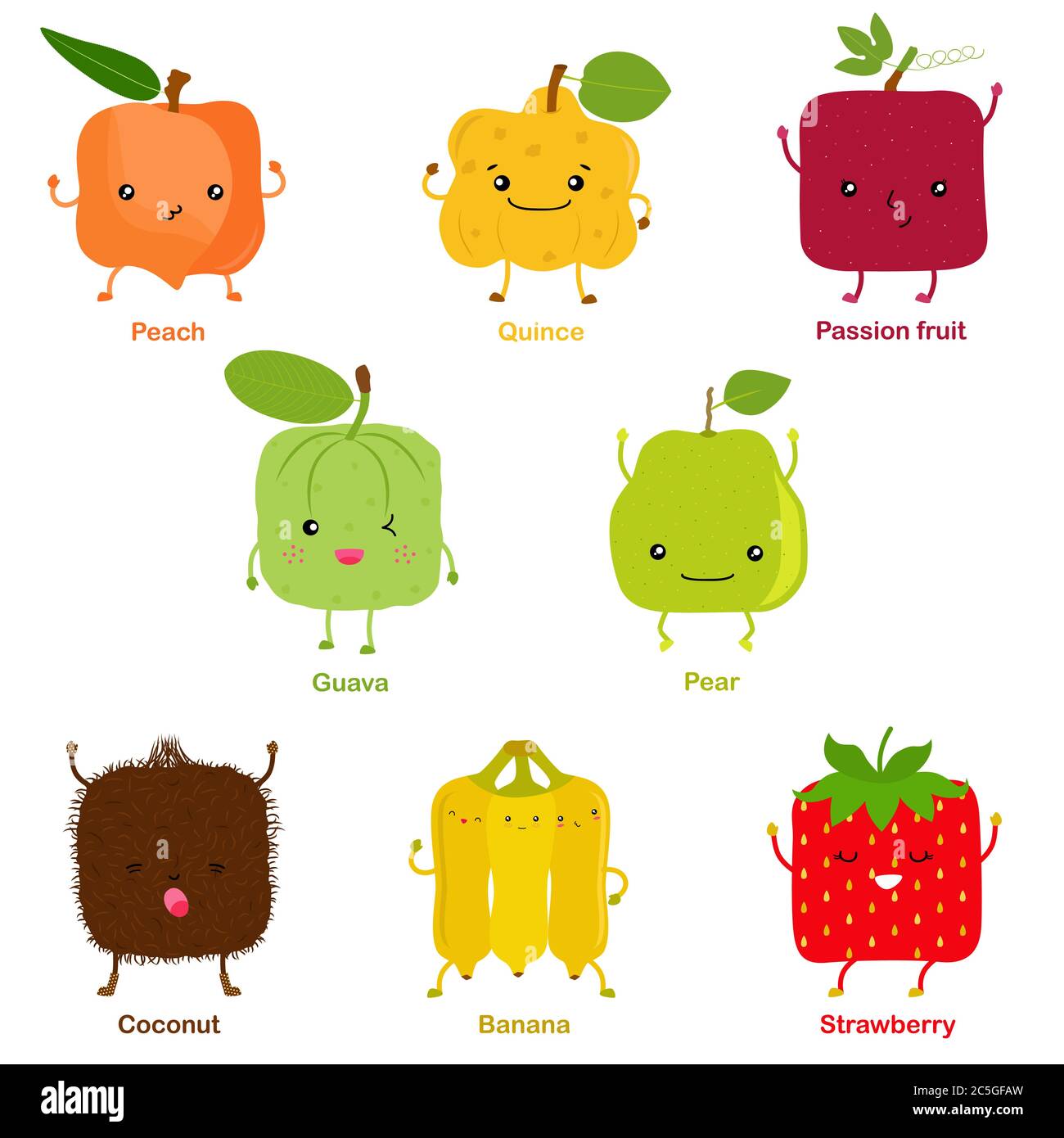 Cute vector of square shaped smiling fruit, vegetable with happy face ...