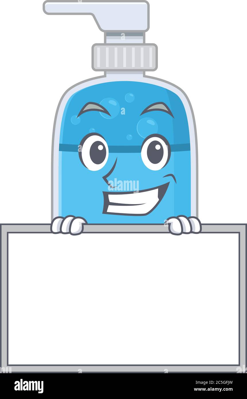 Hand wash gel cartoon design style standing behind a board Stock Vector ...