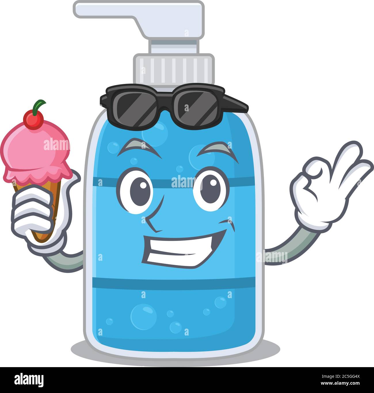 A cartoon drawing of hand wash gel holding cone ice cream Stock Vector ...