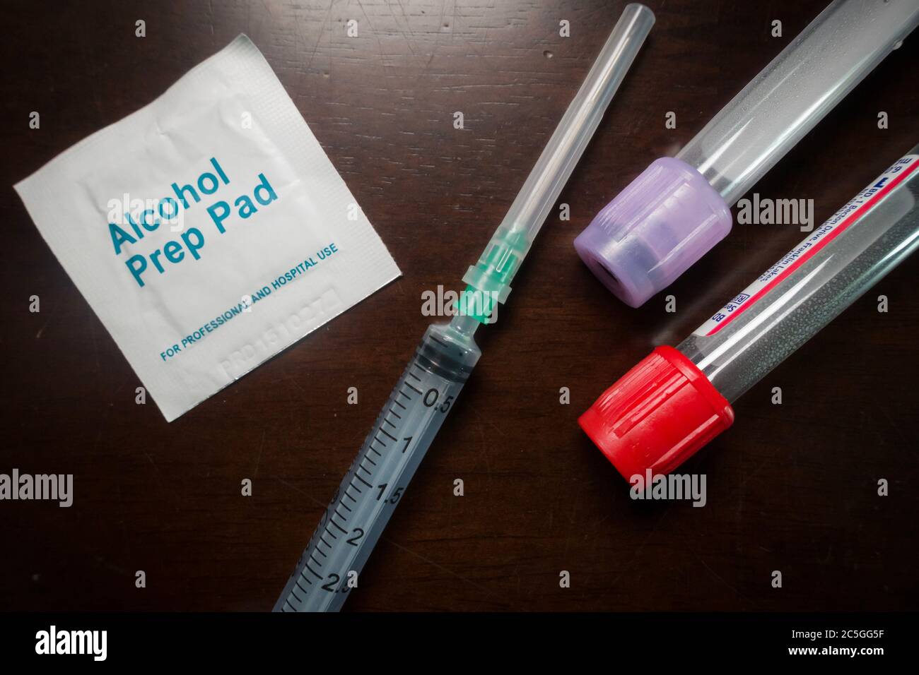 blood taking kit, empty syringe with needle, blood collection tube and ...