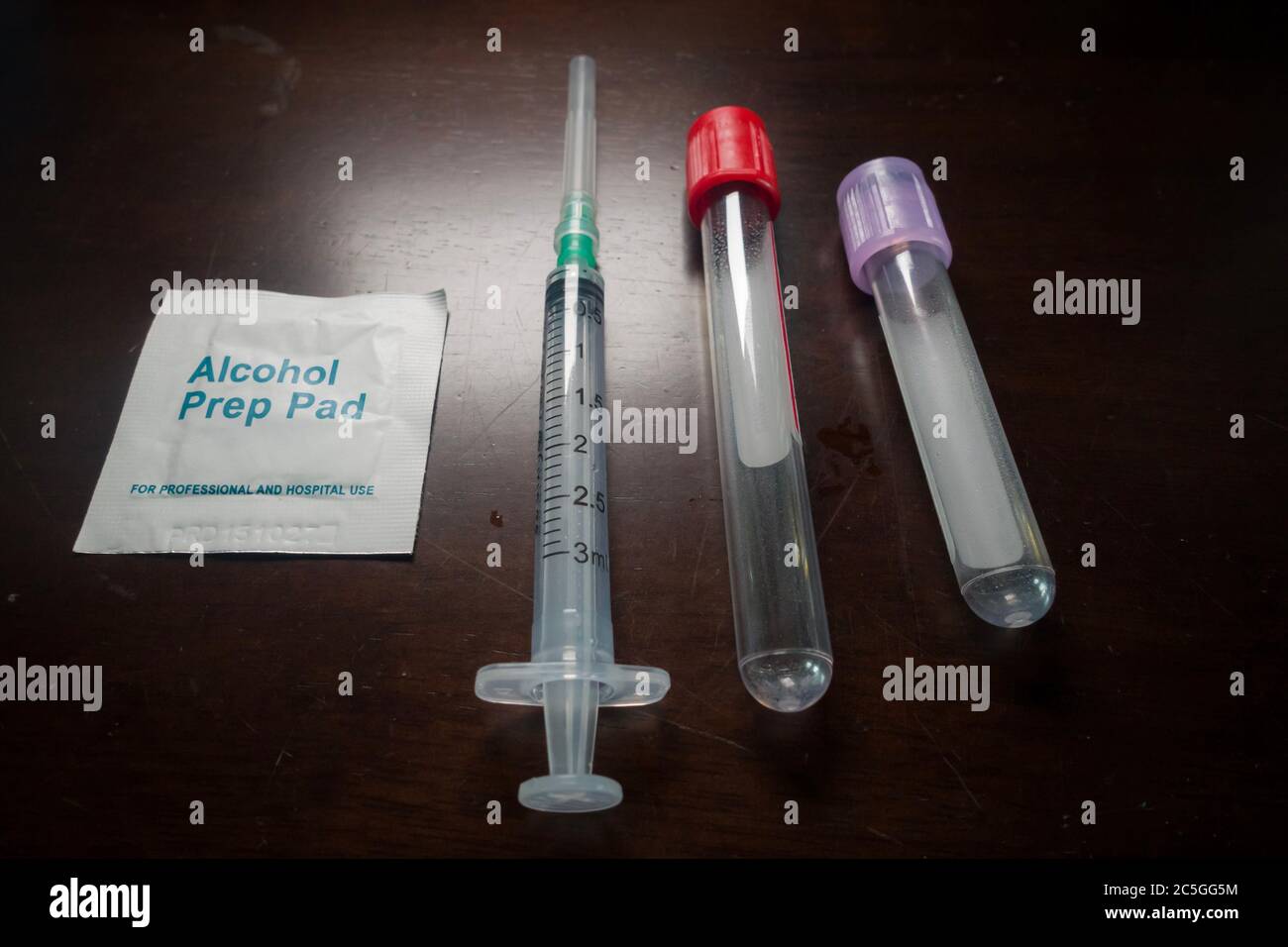 blood taking kit, empty syringe with needle, blood collection tube and ...