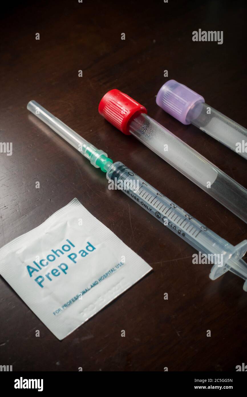 blood taking kit, empty syringe with needle, blood collection tube and ...