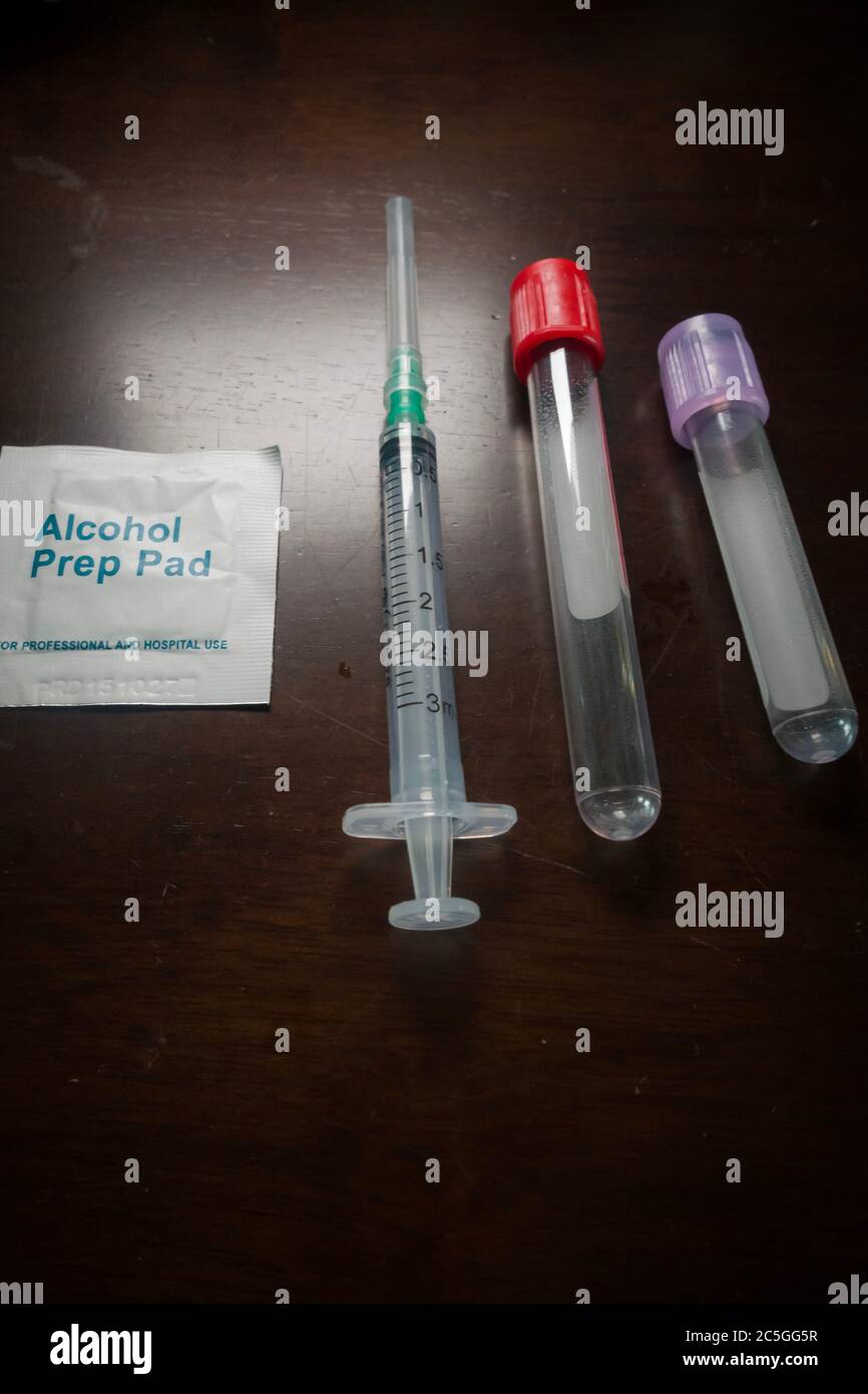 blood taking kit, empty syringe with needle, blood collection tube and ...