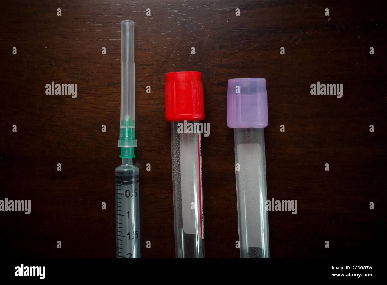 blood taking kit, empty syringe with needle, blood collection tube and ...