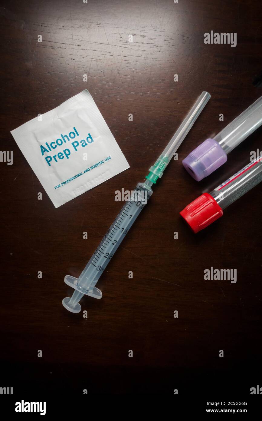 blood taking kit, empty syringe with needle, blood collection tube and ...