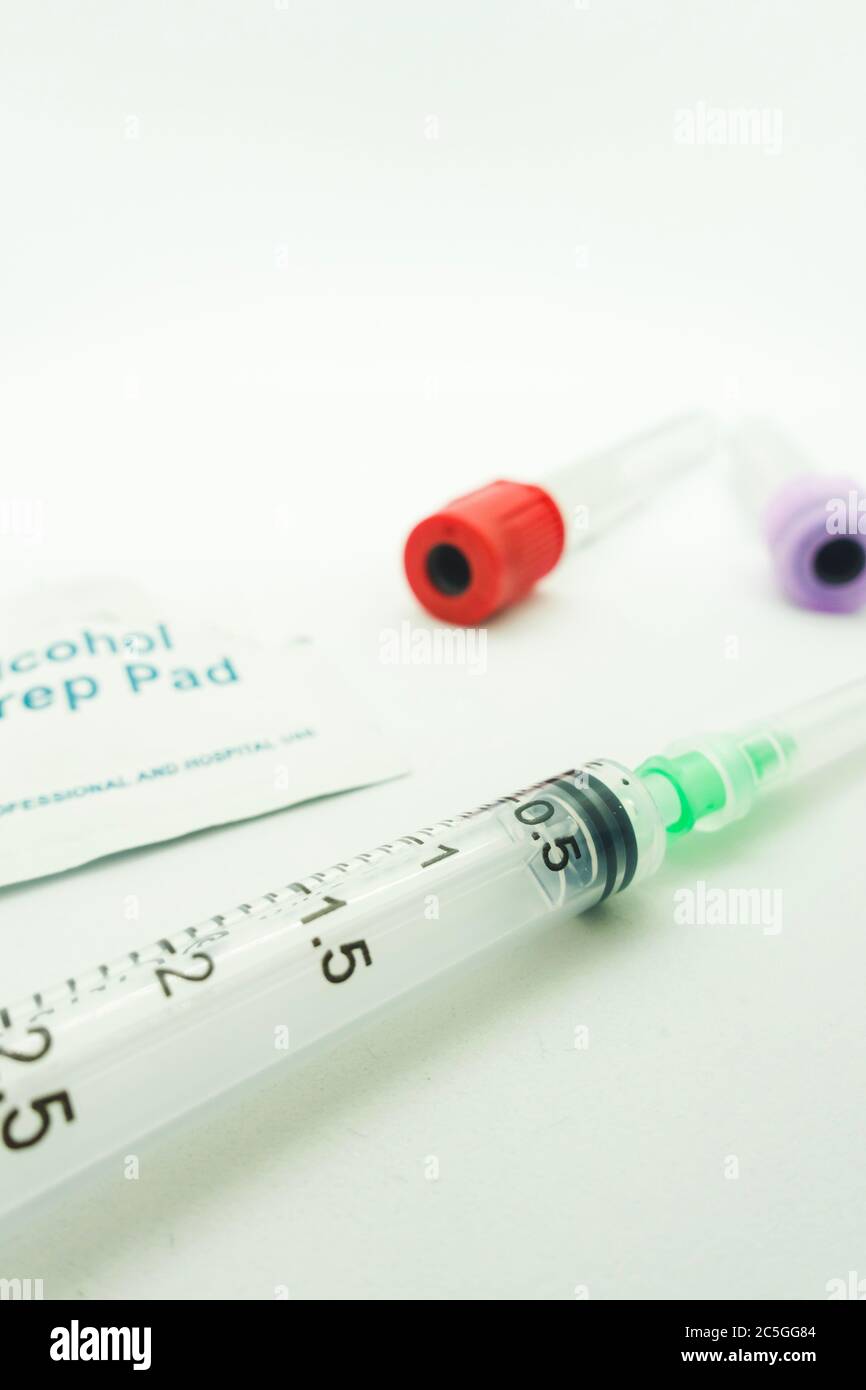 blood taking kit, empty syringe with needle, blood collection tube and ...