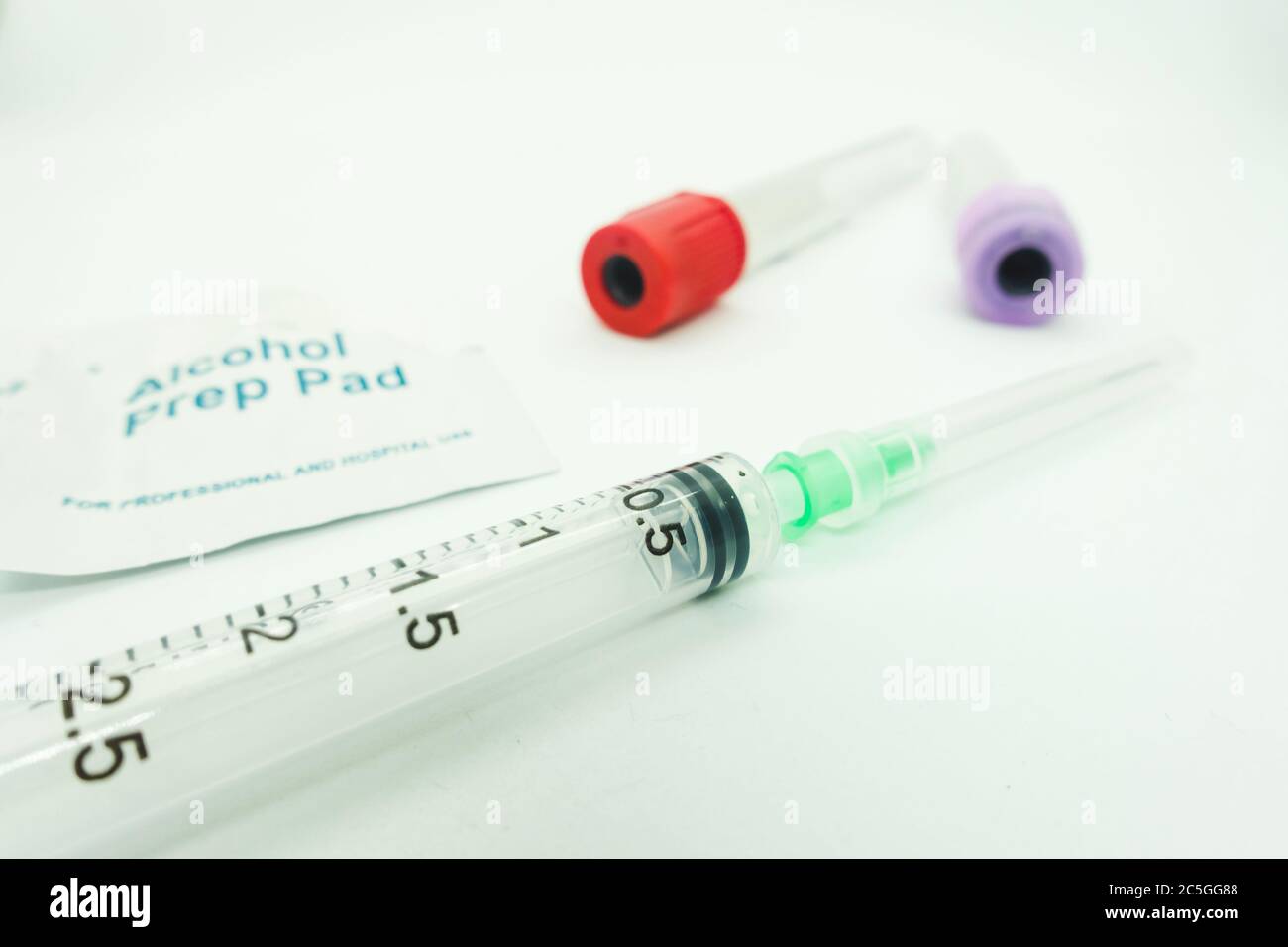 blood taking kit, empty syringe with needle, blood collection tube and ...