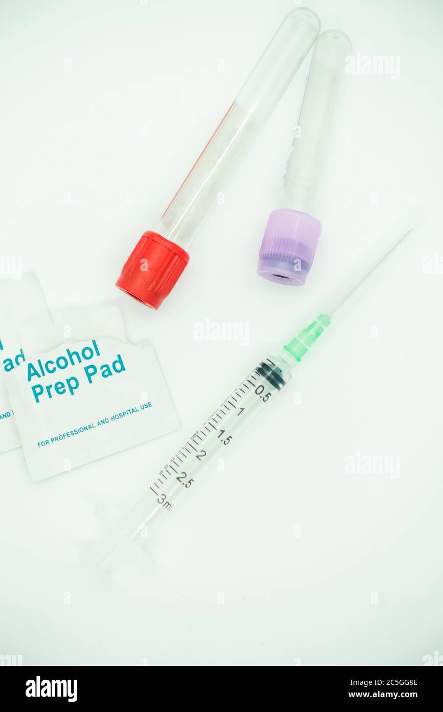 blood taking kit, empty syringe with needle, blood collection tube and ...