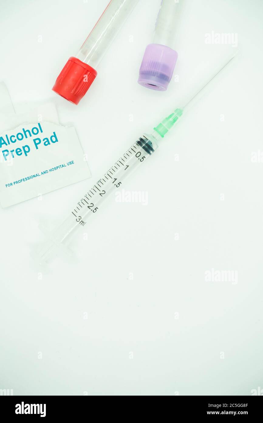 blood taking kit, empty syringe with needle, blood collection tube and ...