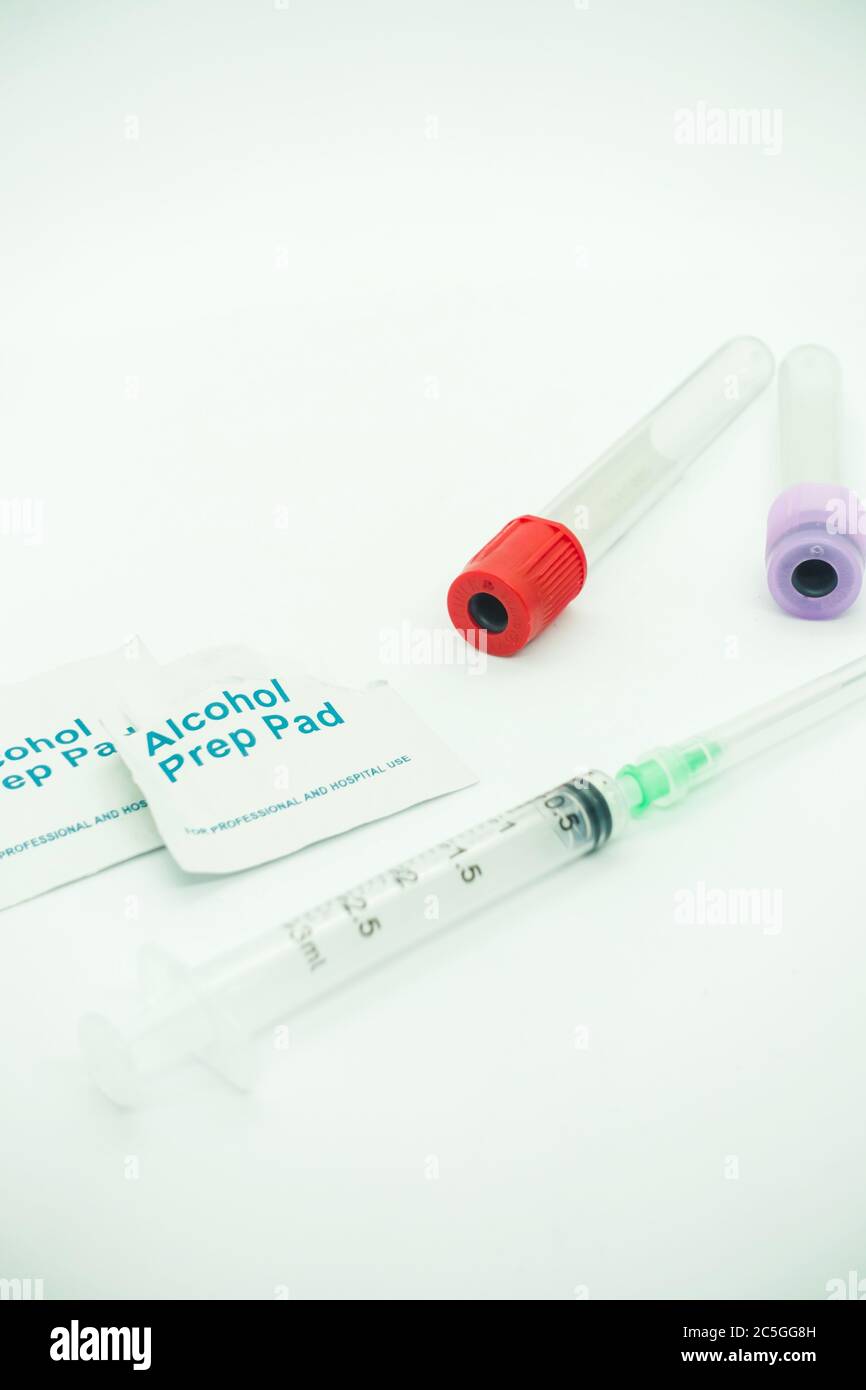 blood taking kit, empty syringe with needle, blood collection tube and ...