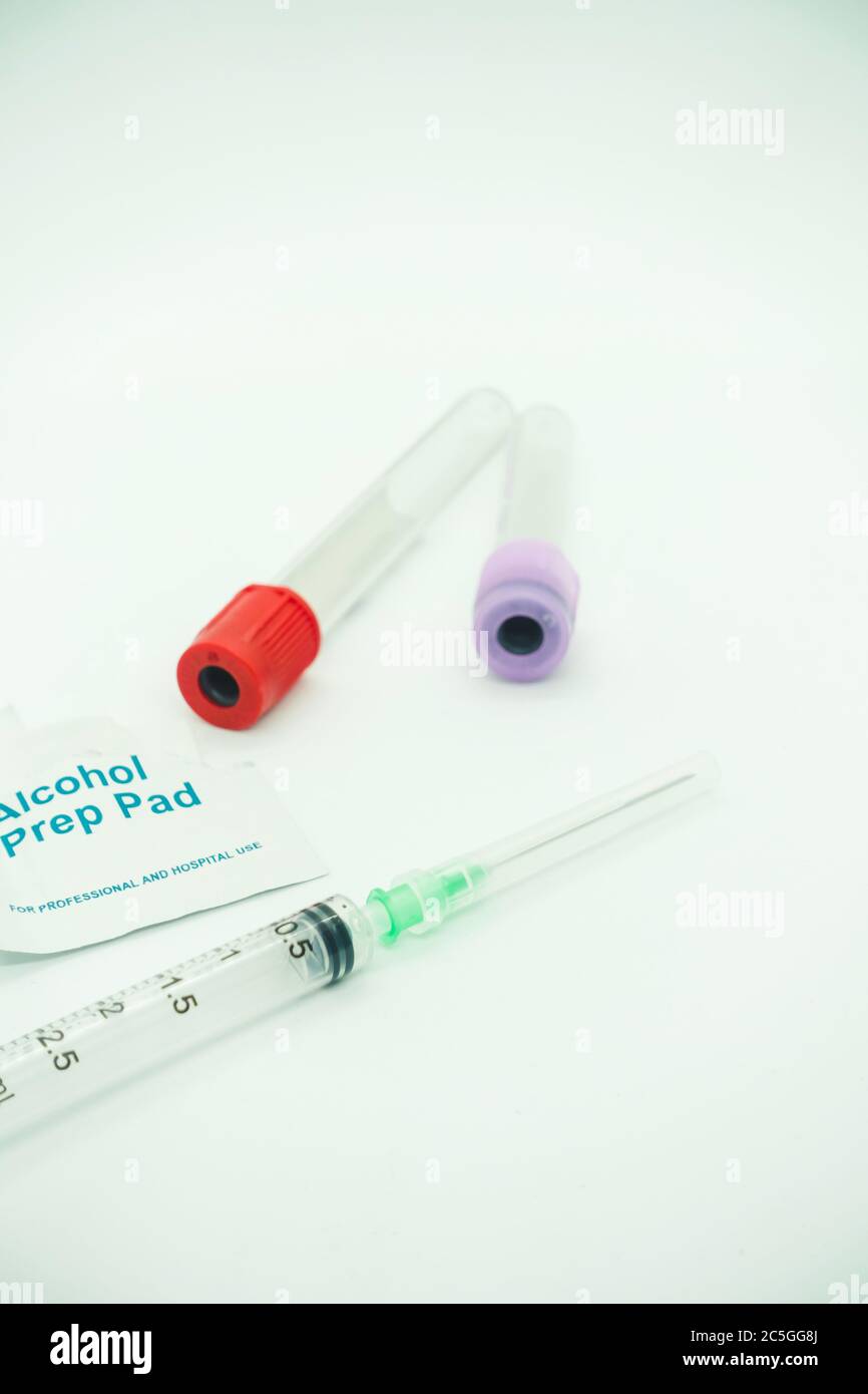 blood taking kit, empty syringe with needle, blood collection tube and ...