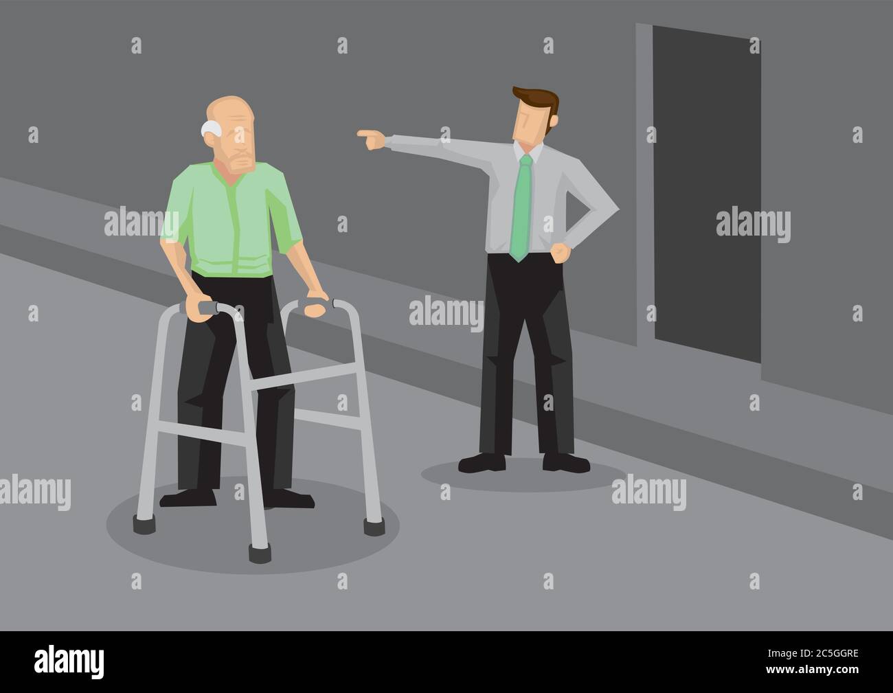 Unsympathetic young Man pointing away at old man with walking aid ...