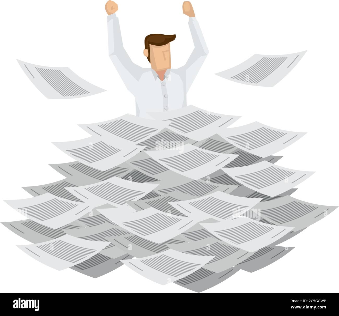 Businessman coming out of a pile of documents. Concept of overwork and ...