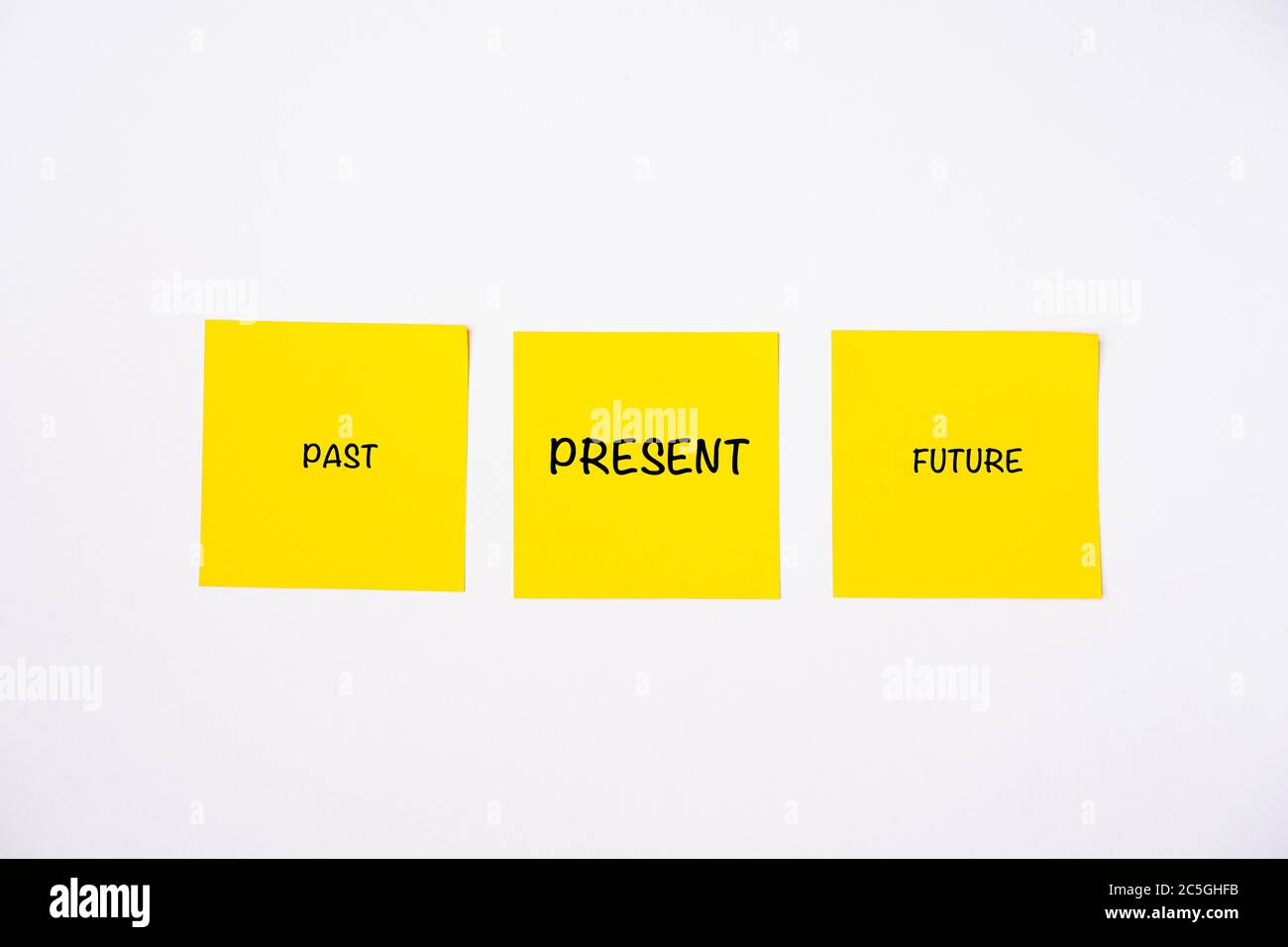 Past, present and future wordings on sticky notes isolated on white ...