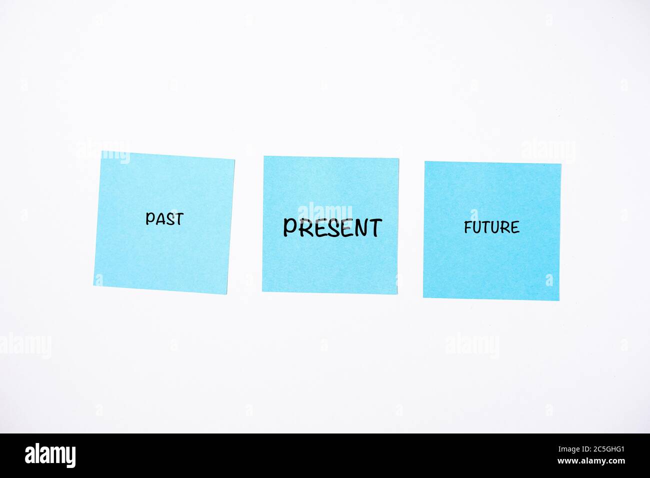 Past, present and future wordings on sticky notes isolated on white ...