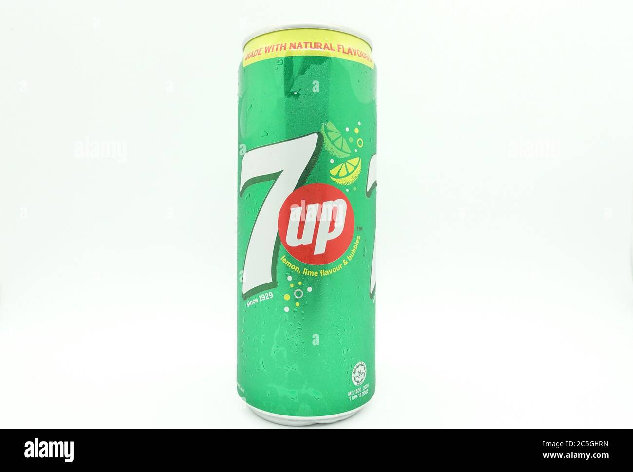 A can of 7up drink against isolated on white background, a tasty fruits ...