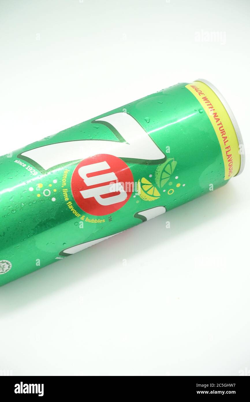 A can of 7up drink against isolated on white background, a tasty fruits ...