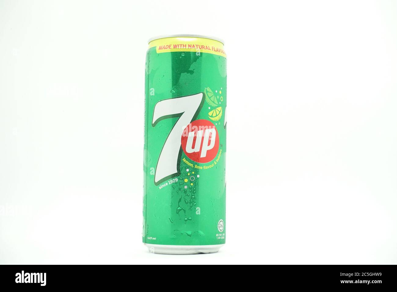 A can of 7up drink against isolated on white background, a tasty fruits ...
