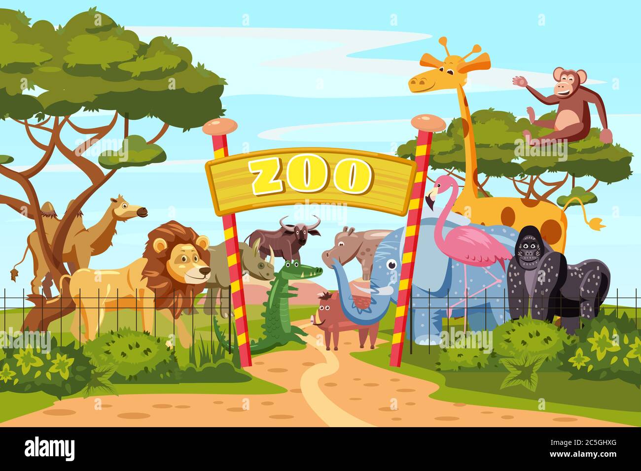 Zoo entrance gates cartoon poster with elephant giraffe lion safari ...