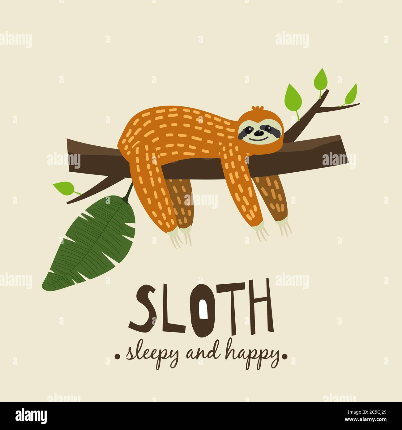 Cute funny sloth hanging on the tree. Sleepy and happy. Adorable hand ...
