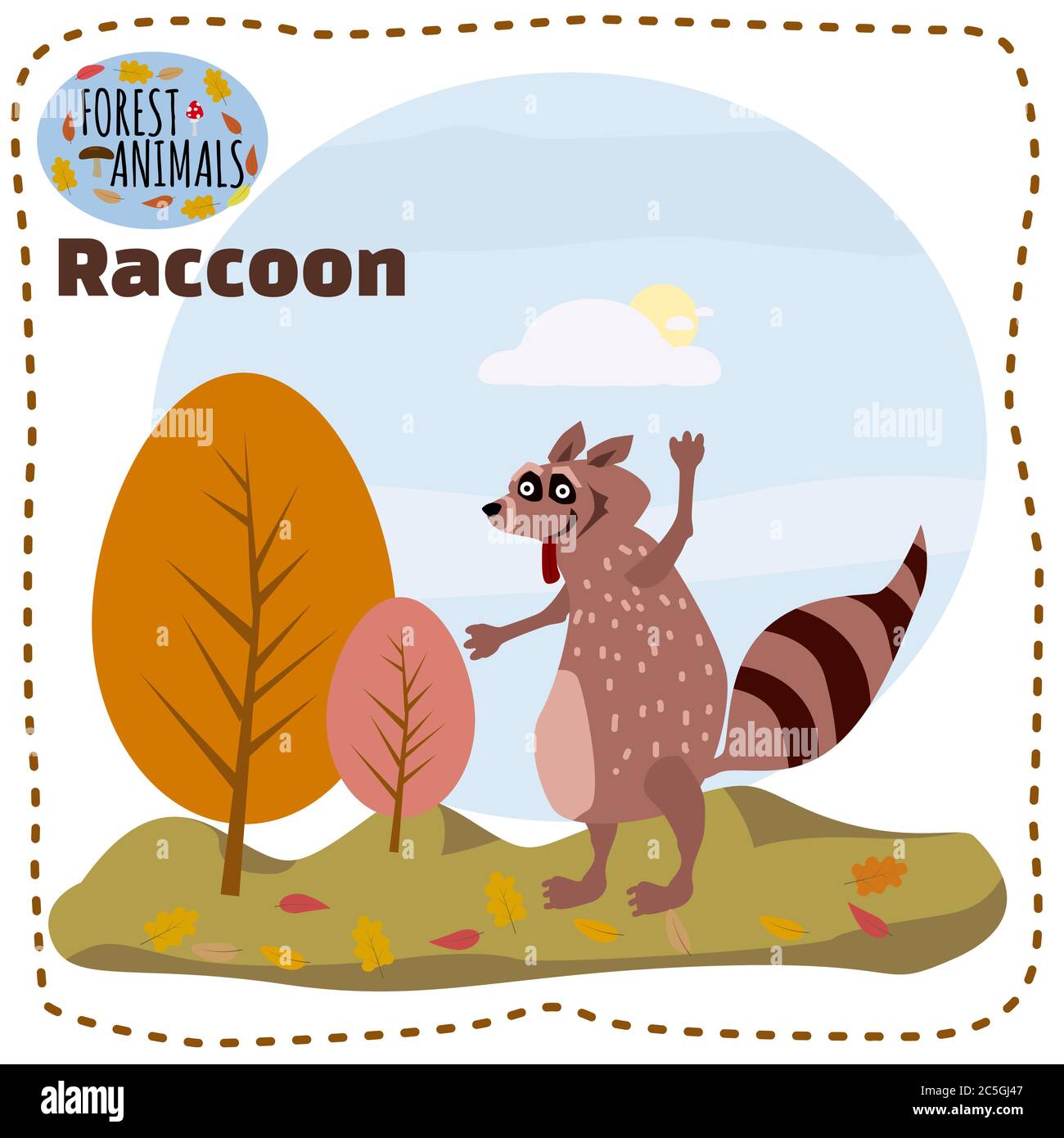 Cute cartoon raccoon on background landscape forest illustration ...