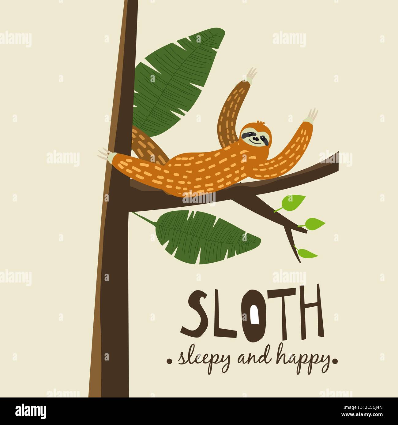 Cute funny sloth hanging on the tree. Sleepy and happy. Adorable hand ...