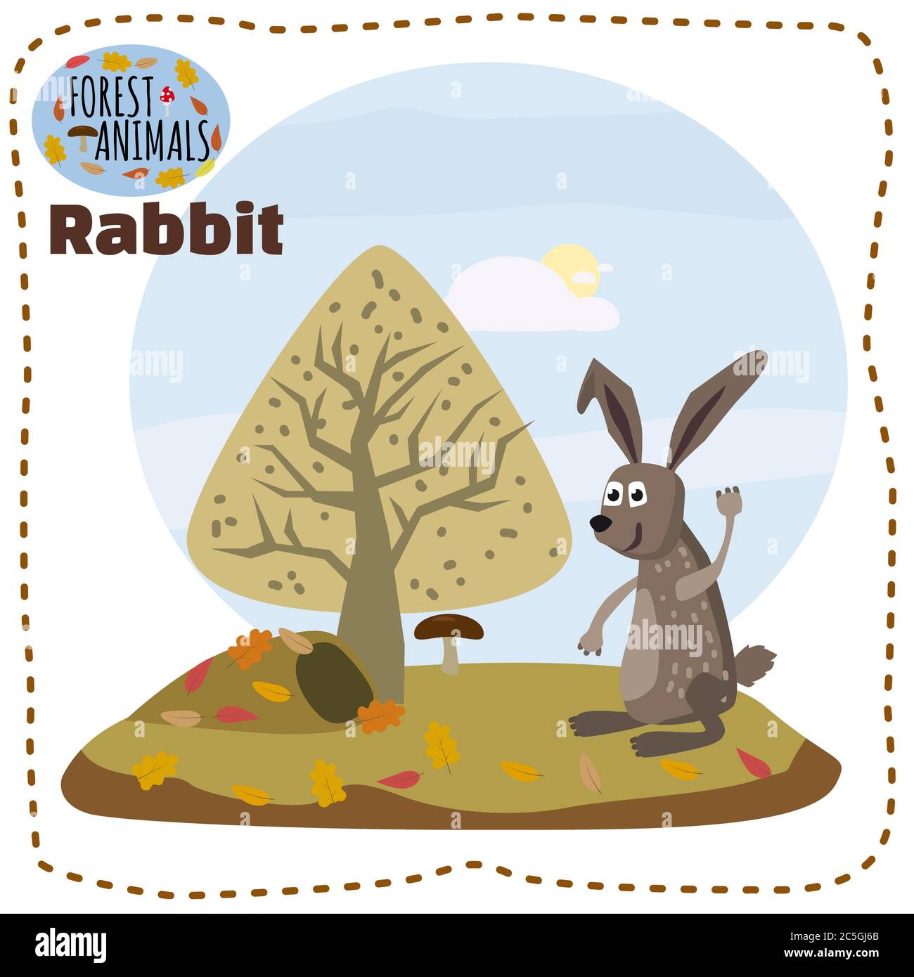 Cute cartoon rabbit on background landscape forest illustration, vector ...