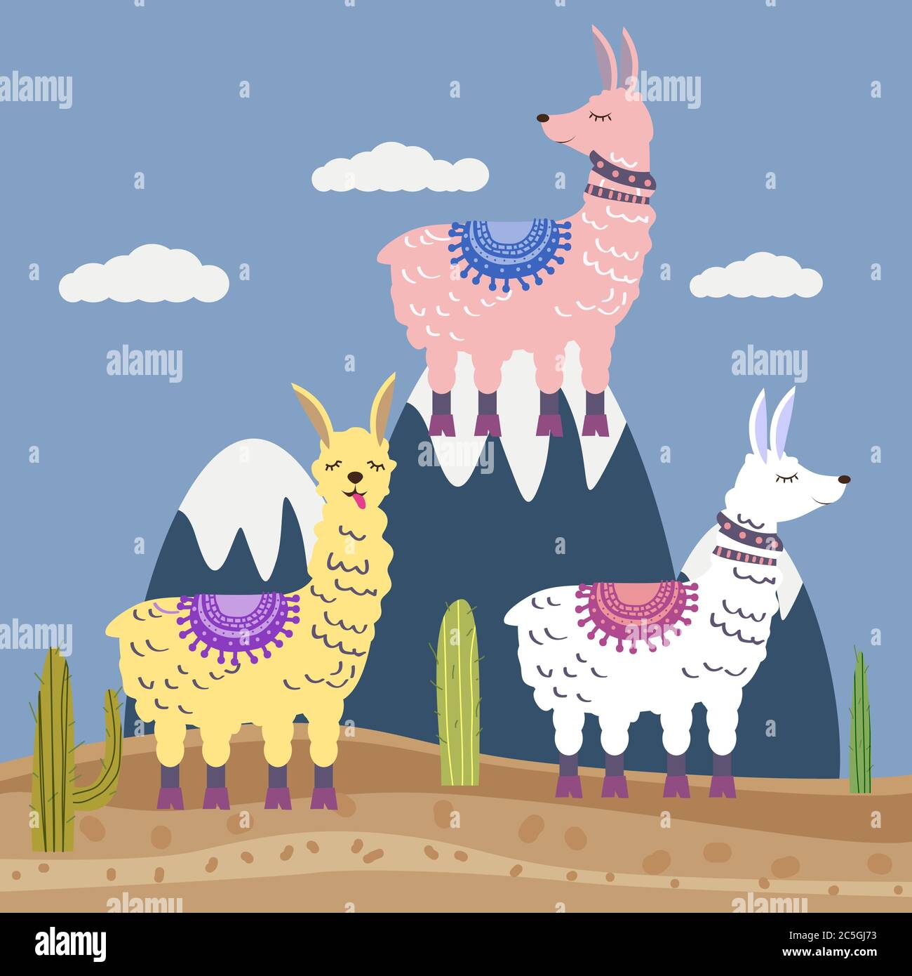 Set of Cute vector lama and cactus, mountaine landscape. Vector ...