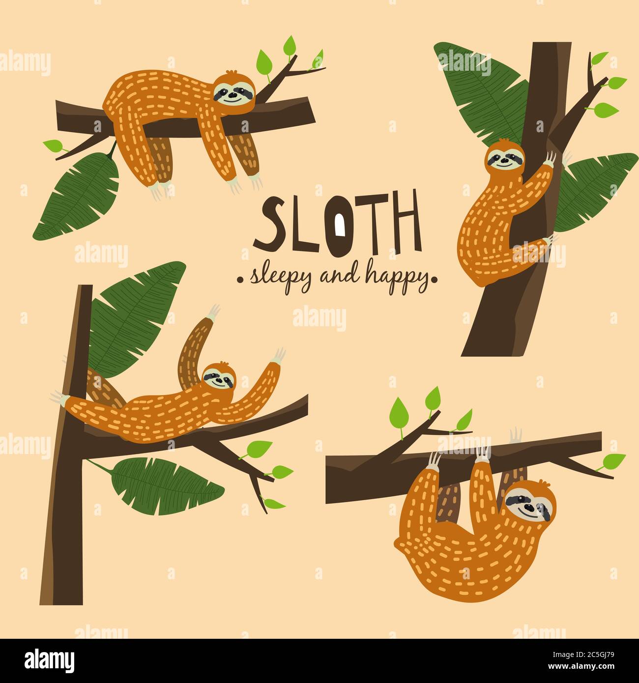 Set Cute funny sloth hanging on the tree. Sleepy and happy. Adorable ...