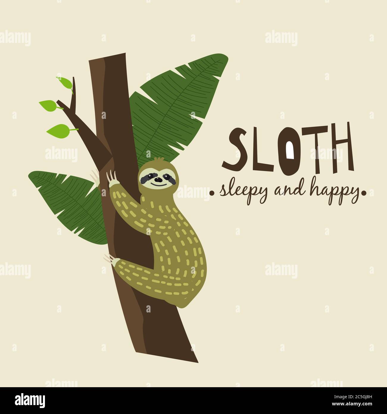 Cute funny sloth hanging on the tree. Sleepy and happy. Adorable hand ...
