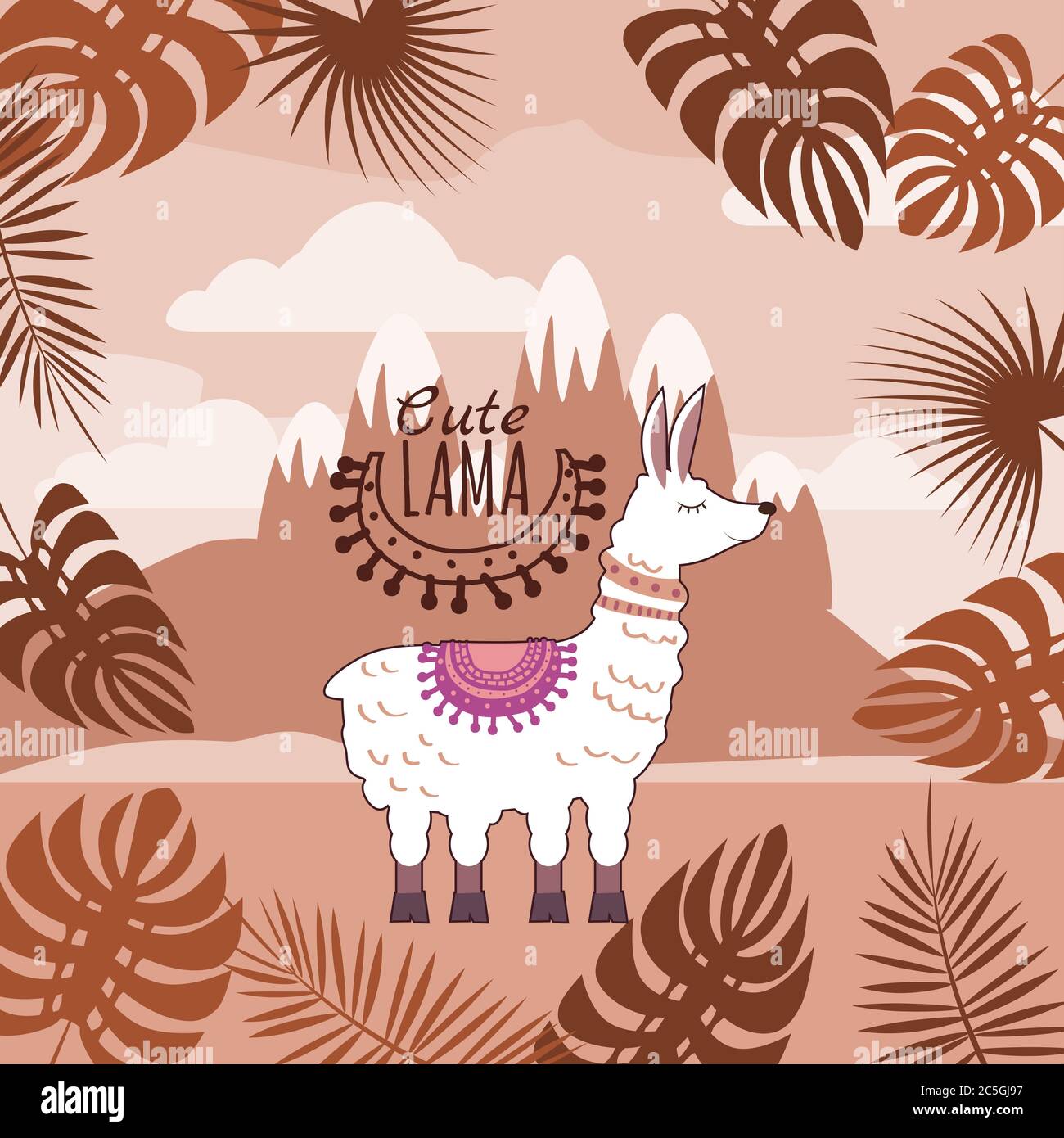 Set of cute Lamas, floral ornament, background, mountain landscape ...