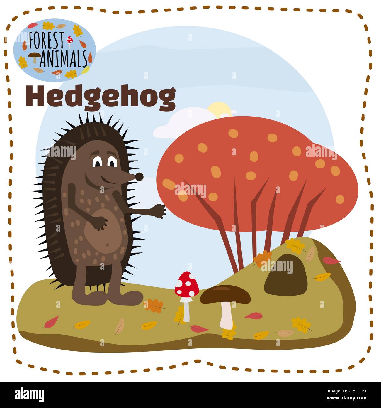 Cute cartoon hedgehog on background landscape forest illustration ...