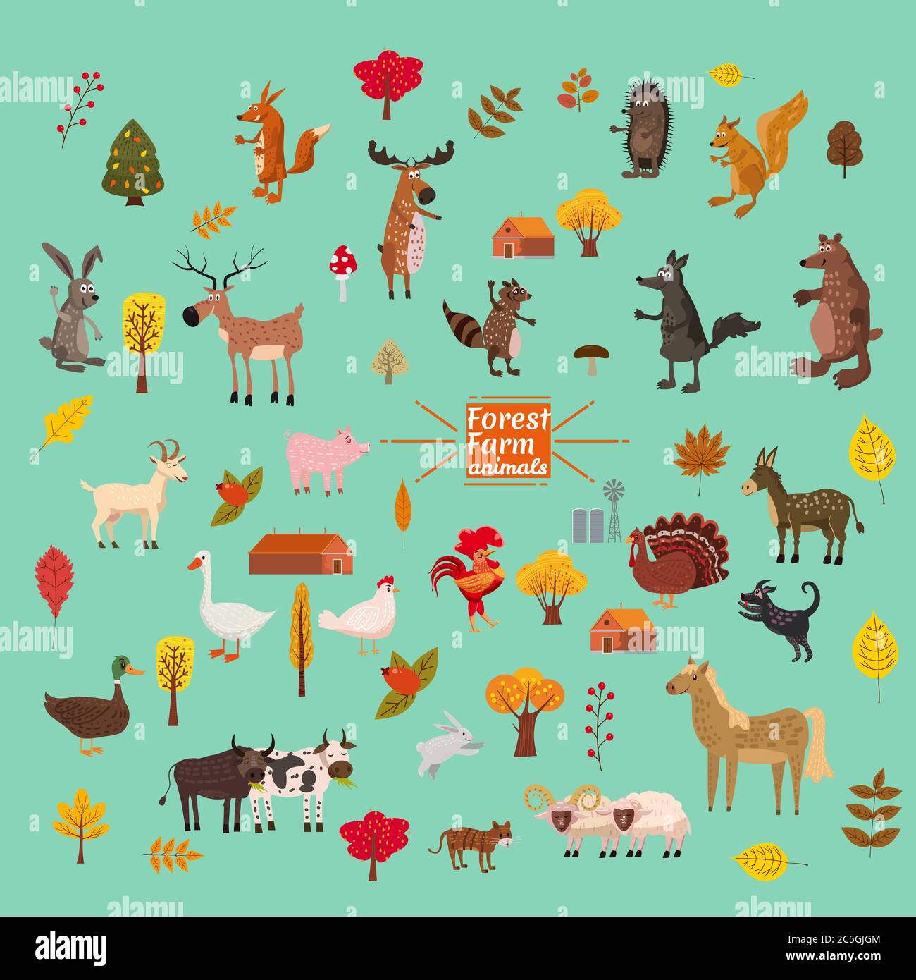 Set of cute and cute farm and forest animals, fox, bear, wolf, pig ...