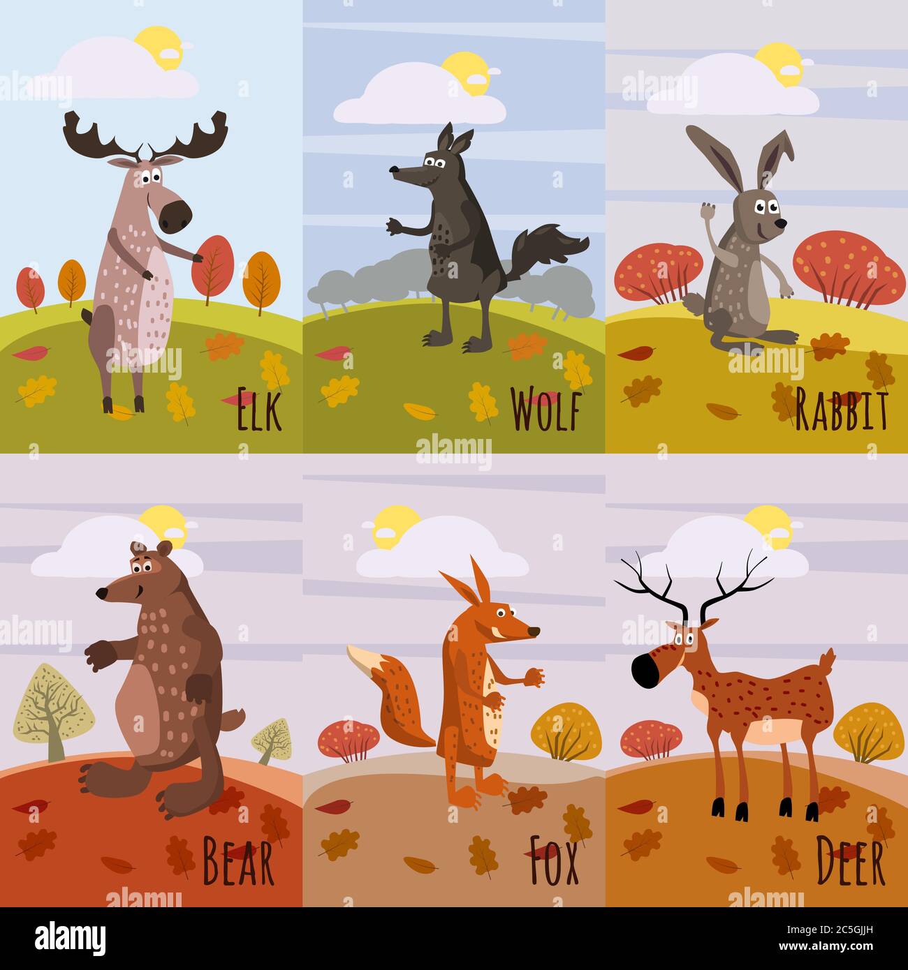 Set Cards Woodland Animals and Cute Forest Design Elements, deer, wolf ...