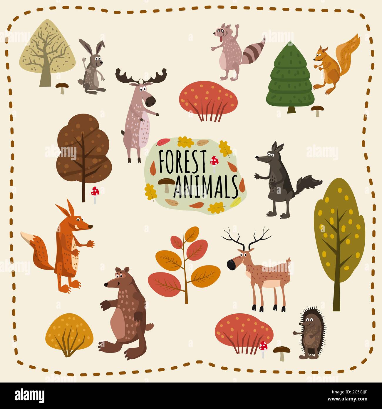 Set of forest animals, rabbit, bear, fox, elk, deer, squirrel, raccoon ...