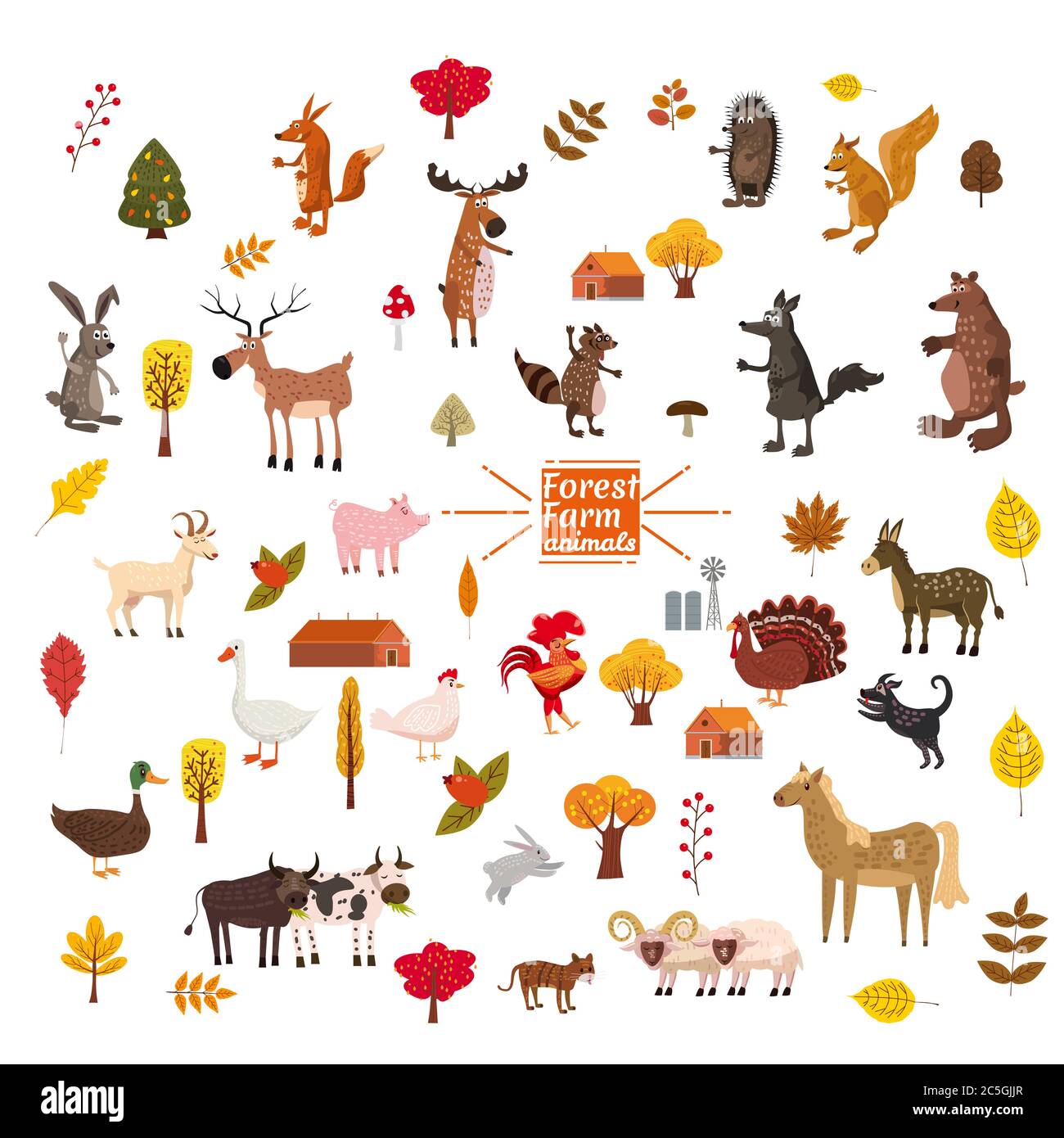 Set of cute and cute farm and forest animals, fox, bear, wolf, pig ...