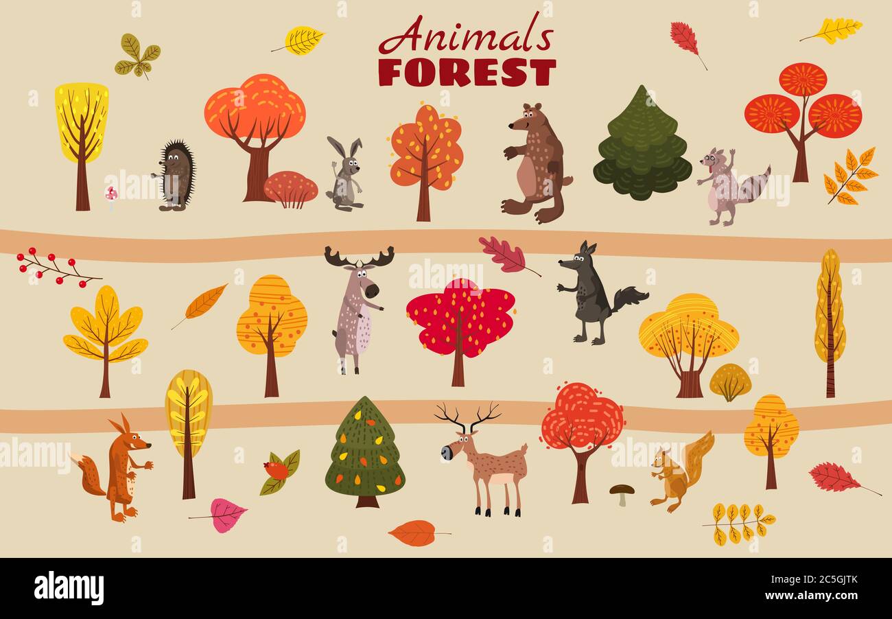 Set of cute forest animals bear, raccoon, squirrel, hare, fox, wolf ...