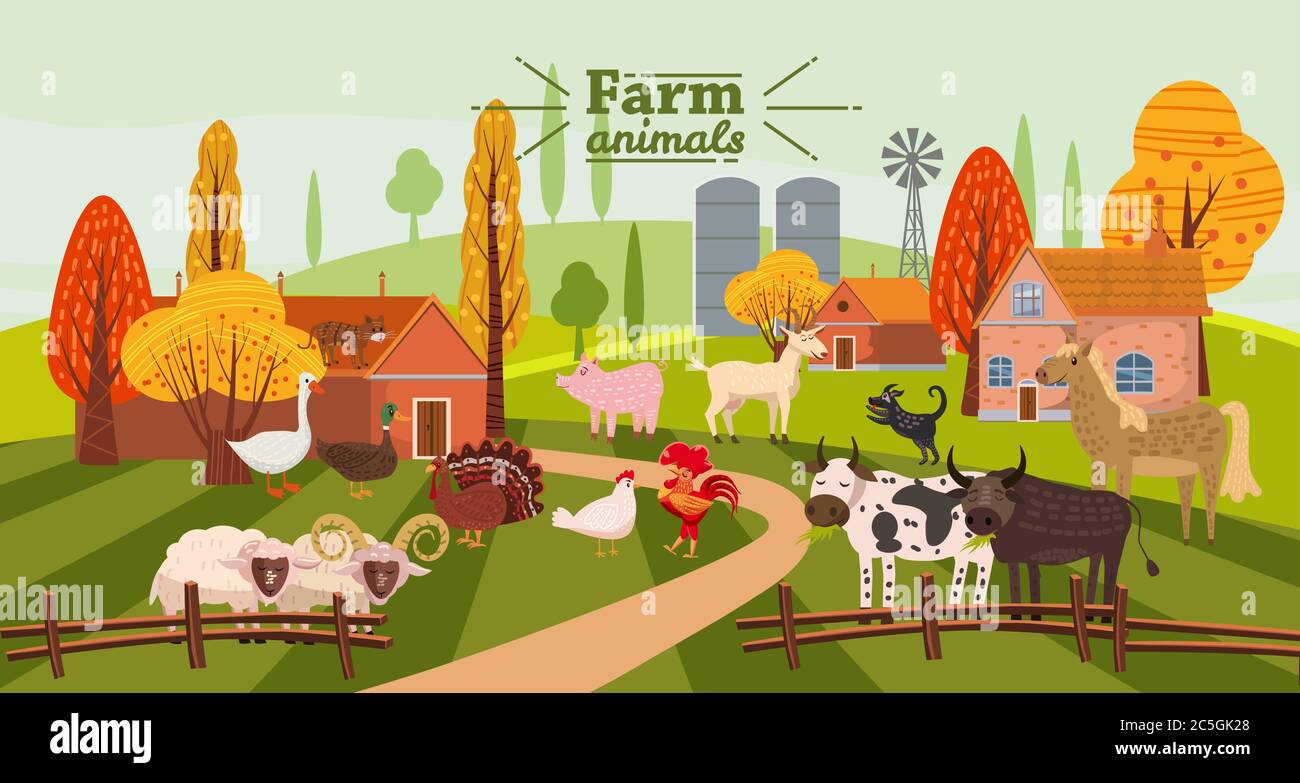 Farm animals and birds set in trendy cute style, including horse, cow ...