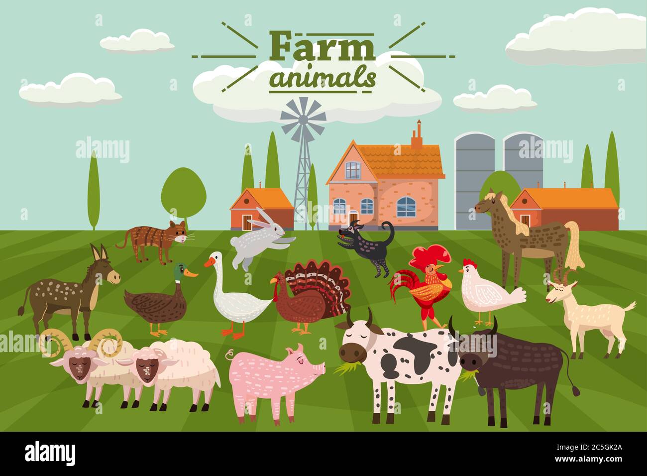 Farm animals and birds set in trendy cute style, including horse, cow ...