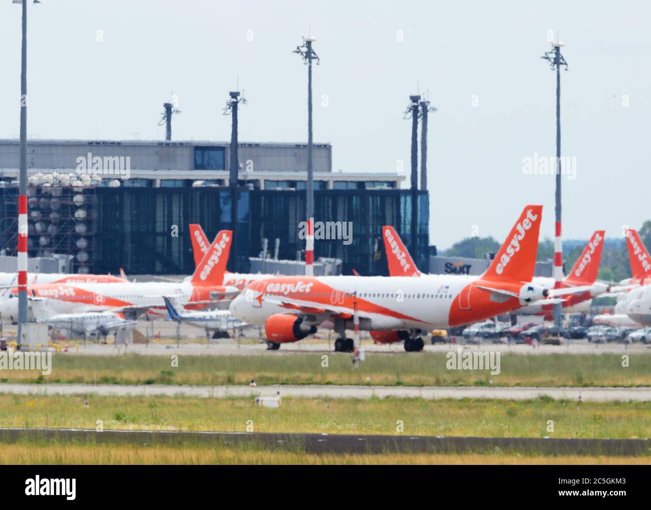 02 July 2020, Brandenburg, Schönefeld: Aircraft of the airline easyJet ...