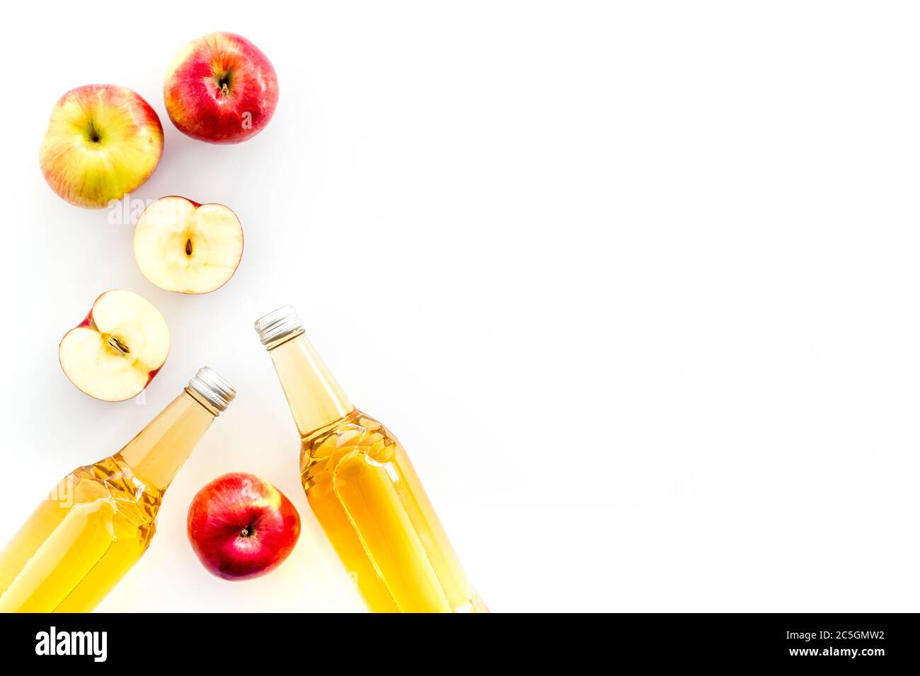 Apple cider vinegar bottle on white background top view copy space ...