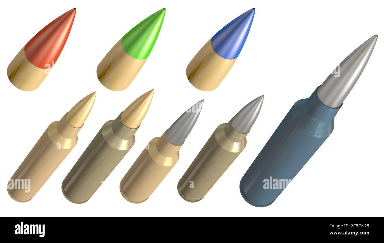 Set containing different types of rifle ammunition in 3d isolated on ...