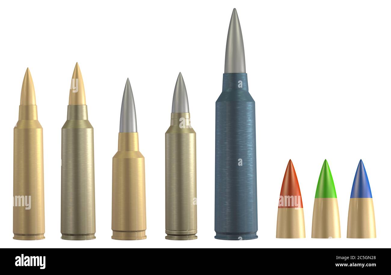 Set containing different types of rifle ammunition in 3d isolated on ...
