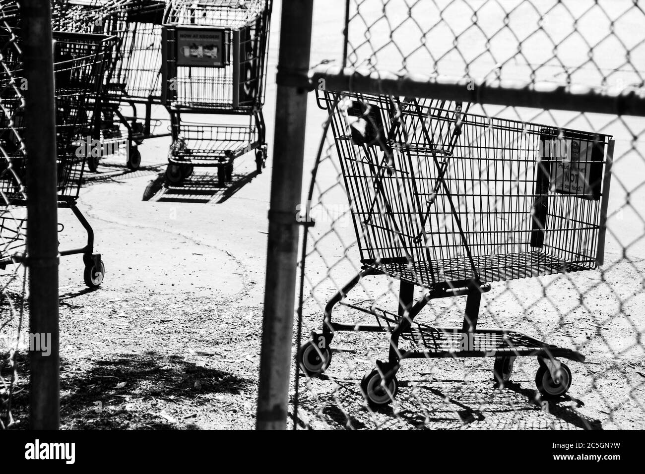 A high contrast image of shopping carts parked behind a grocery store ...