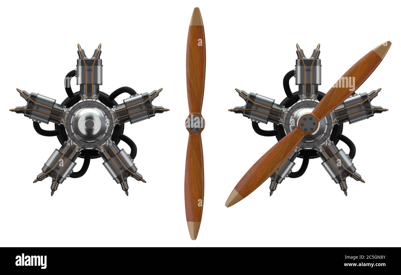 3d render of a vintage aircraft star engine with an old wooden ...